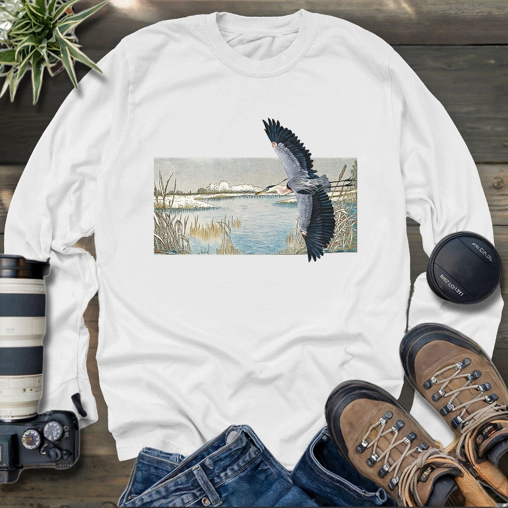 Heron Flying Over Marsh Long Sleeve T-shirt – BirderyTees